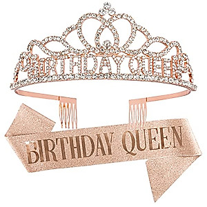 CAVETEE Rose Gold Birthday Crowns for Women Birthday Queen Sash and Tiara for Women Rose Gold Birthday Party Decorations for Women Birthday Sash and Crown for Women