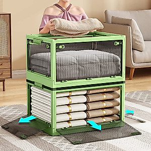 submatches Collapsible Lided Storage Box,Transparent Plastic Folding Box with 5 Doors Opening,54L Stackable Folding Bins with 4 Wheels,Green,1 Pack