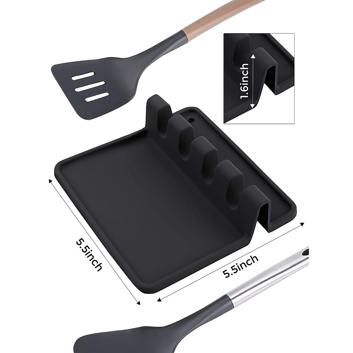 Silicone Spoon Rest with Drip Pad for Stove Top(2PCS), Large Utensil Rest for Multiple Utensils, Heat-Resistant & Dishwasher Safe Kitchen Utensil Holder for Spatula, Ladle, Kitchen Gadgets (Black)