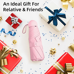 Trenovo Travel Umbrella - Mini Folding Compact Umbrella with Case, 8 Ribs Lightweight Portable Umbrella, Small Sun & Rain Pocket Umbrella for Girls and Women - Pink