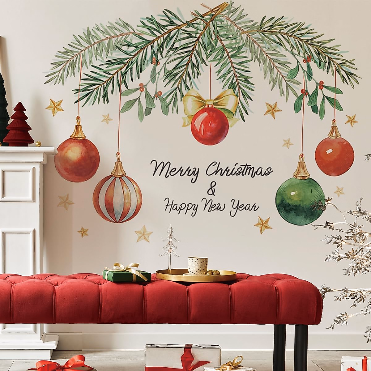 30.71 x 12.12 Inch Merry Christmas Wall Decals Happy New Year Wall Stickers Removable Christmas Fruit Light Ball Wall Decals Decor for Xmas Holiday Party Supplies Home Wall Decor
