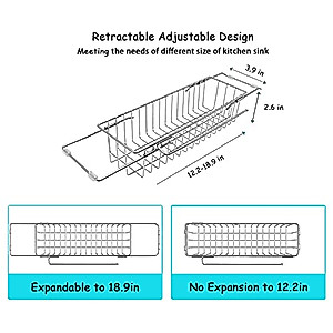 iBigLY Telescopic Kitchen Sink Caddy Sponge Holder, Expandable(12''-19'') Brush Soap Storage Rack with Dish Cloth Hanger, Stainless Stee Kitchen Sink Organizer, No Drilling