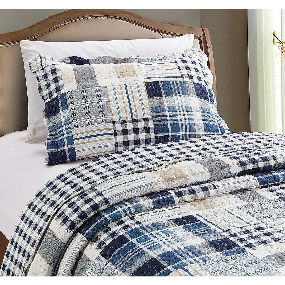 Brilliant Sunshine Plaids and Stripes Quilt Set, 2-Piece Bedding Sets with 1 Sham, Patchwork Design, Washable and Reversible Bedspread, Soft Lightweight Coverlet, All-Season, Twin/Twin XL, Blue