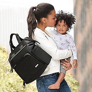 Skip Hop Diaper Bag Backpack: Mainframe Large Capacity Wide Open Structure with Changing Pad & Stroller Attachement, Black with Gold Trim