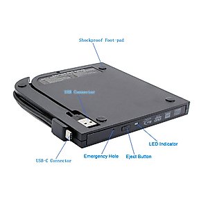 Ultra Slim External 4K UHD HD 3D Blu-ray Disc Player, USB Type-A & Type-C USB-C 2-In-1 6X BD-R BD-RE DL BDXL 100GB DVD-R M-Disc Burner Portable Optical Drive, for Windows 10 Mac OS Laptop & Desktop PC