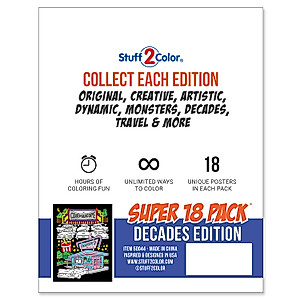 Stuff2Color Super Pack of 18 Fuzzy Velvet Coloring Posters (Decades Edition: 50's, 60's, 70's) - Great for Family Time, Arts & Crafts, Travel, At Home, Care Facilities [All Ages Coloring: Girls, Boys, Adults, Toddlers, Teens]