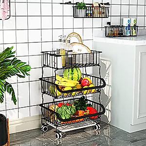 Fruit Vegetable Basket, 1Easylife 3 Tier Stackable Metal Wire Basket Cart with Rolling Wheels, Utility Rack for Kitchen, Pantry, Garage, With 2 Free Baskets (3 tier)