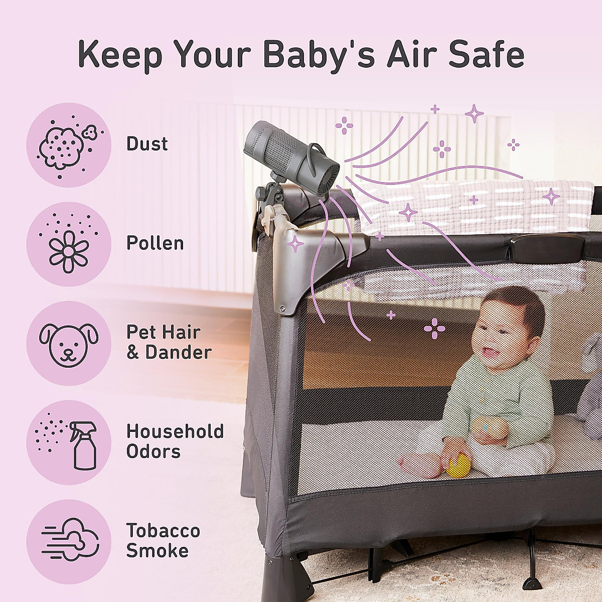 Pure Enrichment PureBaby On-the-Go Air Purifier - Portable Stroller Air Purifier & Adjustable Clamp for Car Seat, Crib, Bassinet & Playpen - True HEPA Filter Removes 99.97% of Allergens Around Baby