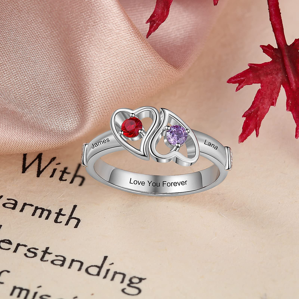 Zomodia Promise Rings for Her with 2 Simulated Birthstones Personalized Names Jewelry for Couples Women Engagement Heart Rings for Mother Daughter (9)