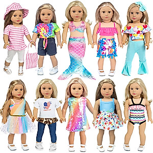 Fashion 10 Sets 18 inch Doll Clothes and Accessories Play Set inlcude Mermaid Shinning Dress Outfits Bikini Hat Handbag (No Doll)