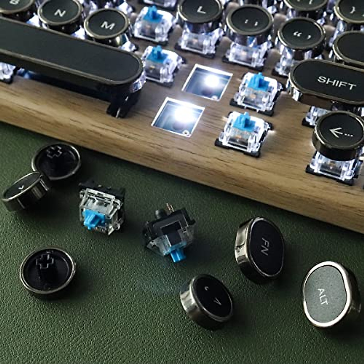 SUEHIODHY Retro Typewriter Keyboard Bluetooth5.0 LED Backlit Mechanical Keyboards 83keys Blue Switch with Stand Wired Punk Style Keyboard for Tablet/Desktop/Laptop/Cell Phone (Wood)