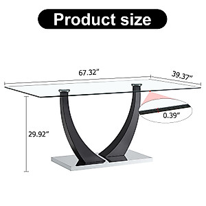 Glass Dining Table Set for 6, 6-Piece Modern Kitchen Table and Chairs Set with Tempered Glass Table and 6 Pcs PU Leather Chairs, Large Dining Room Table Set for Kitchen Dining Room (67" Black Table)