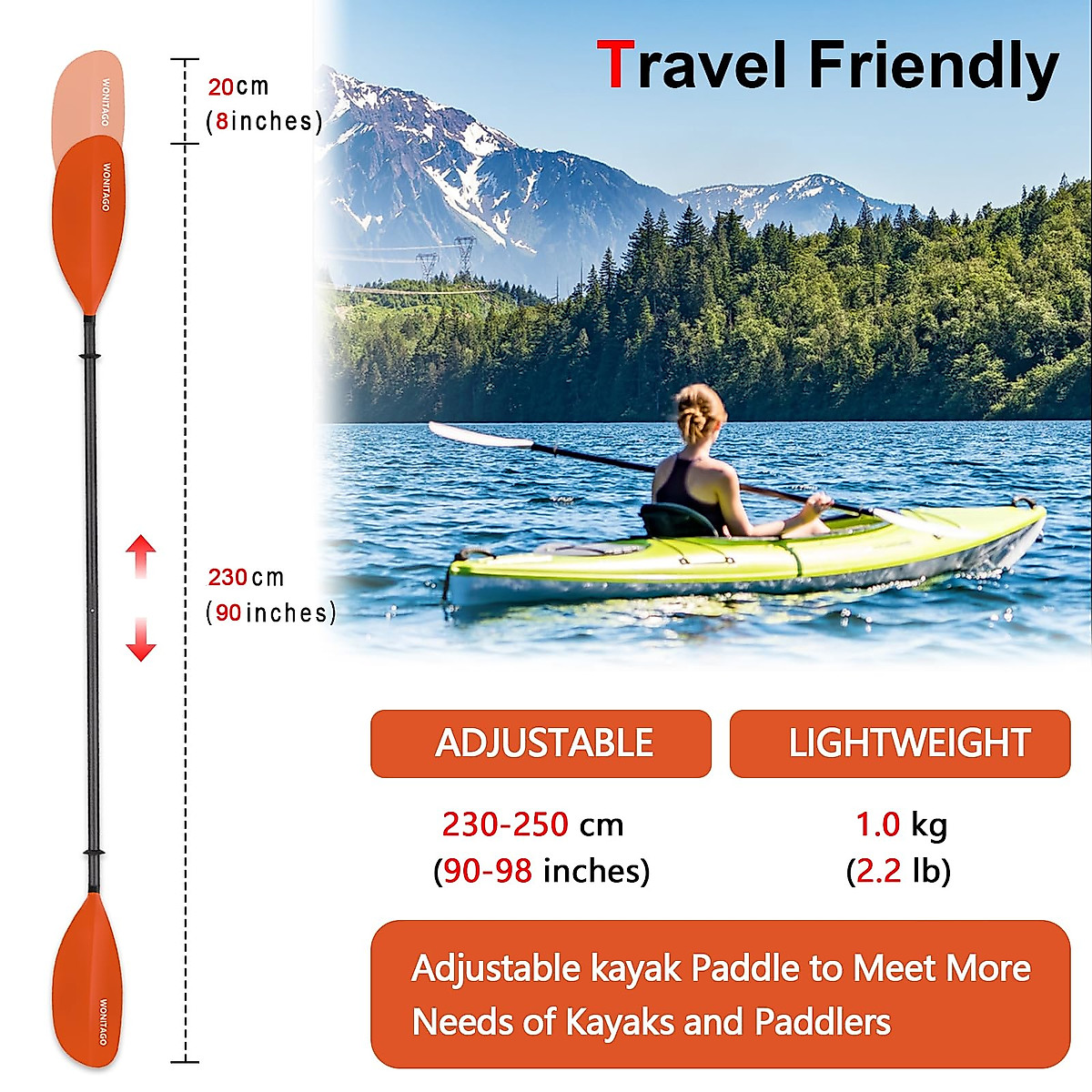 WONITAGO Kayak Paddles Carbon Fiber Shaft Paddle with Nylon Blades, Floating Adjustable Kayaking Oars, 3 Piece, 230-250 cm/90-98 Inches Orange