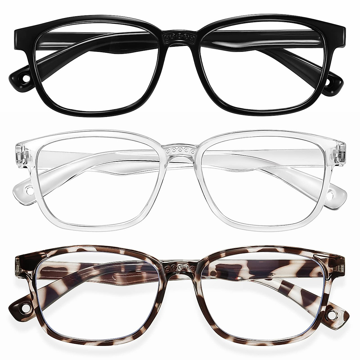 Okany Blue Light Glasses for Kids 3 Pack Anti Glare & Eye Strain Glasses Computer TV Phone Tablets UV Protection Glasses for Kids Boys Girls Age 3-10 (Black + Transparent + Leopard)
