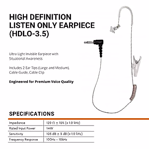 Sheepdog HDLO - Tubeless, Covert High Definition 3.5mm Police Listen Only Earpiece (HDLO-3.5), Designed for Law Enforcement and Military