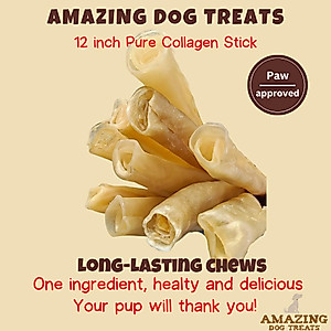 Amazing Dog Treats - Large Collagen Stick - (12 Inch - 4 Count) - Collagen Beef Cheek Rolls for Dogs - 100% Pure Collagen Sticks for Dogs - No Hide Bones for Dogs