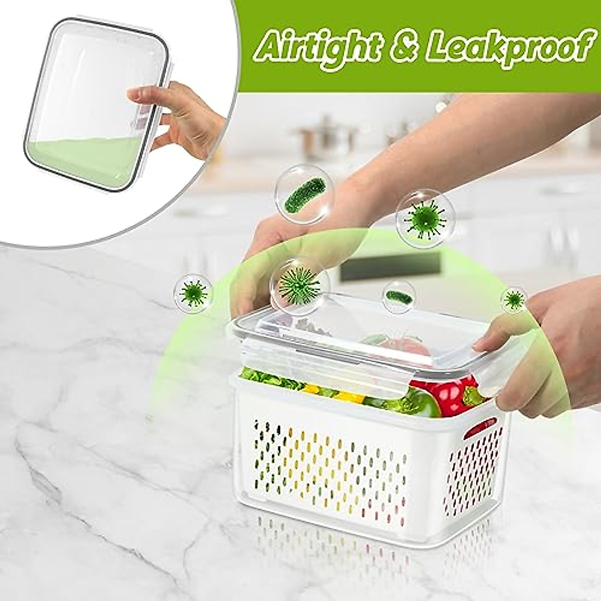 ODOMU 3 Pack Fridge Berry Storage Container with Lids with Strainer, Plastic Fresh Produce Saver Keeper for Vegetable Fruit Meat Lettuce, BPA Free Kitchen Refrigerator Organization (3.15L+1.7L+0.8L)