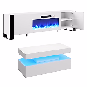 VanAcc 3-Piece Modern Living Room Table Sets, 70" Modern LED TV Stand with 36" Electric Fireplace, High Gloss Coffee Tables for Living Room, White