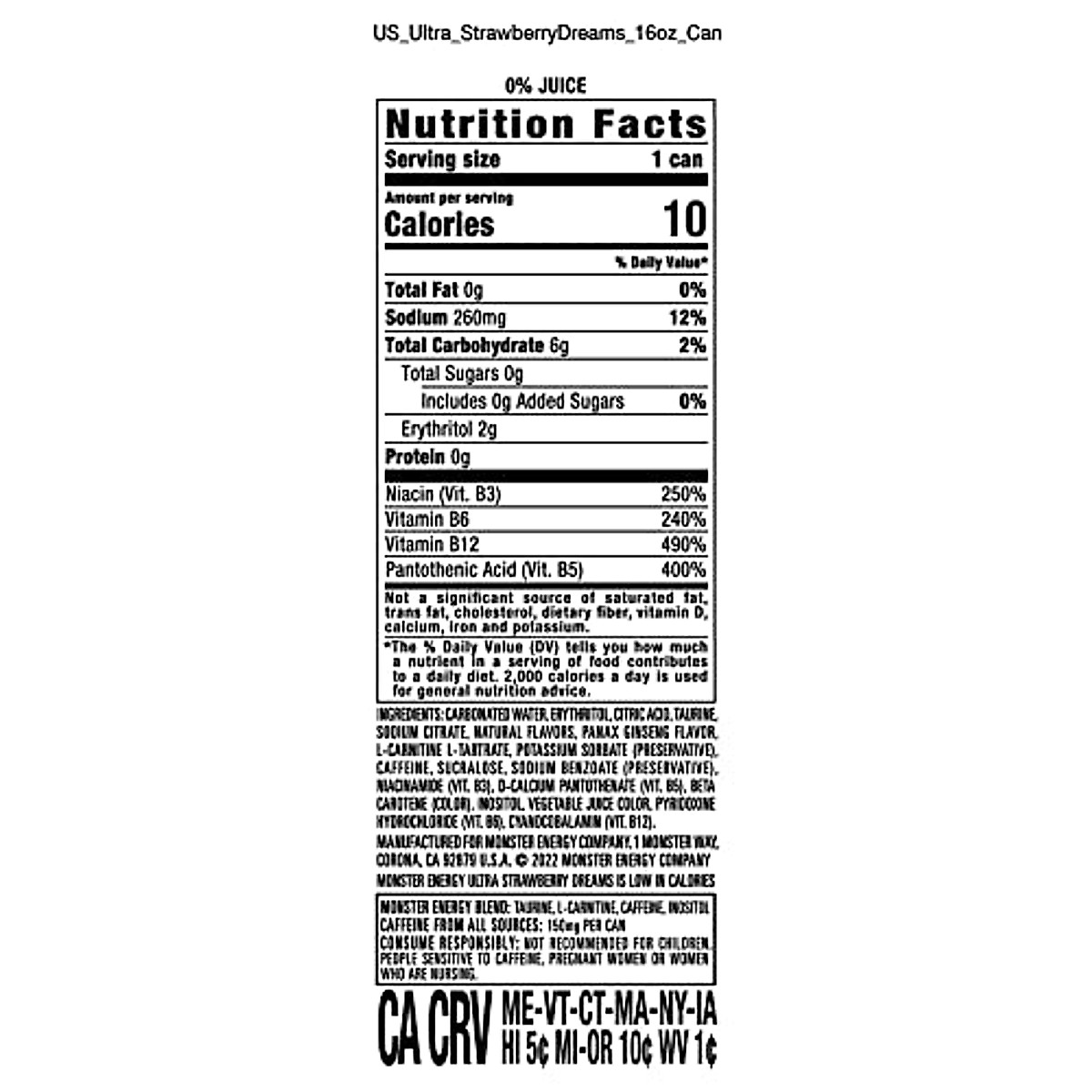 Monster Energy Ultra Strawberry Dreams, Sugar Free Energy Drink, 16 Ounce (Pack of 15)