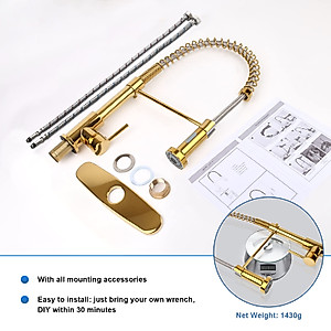 M OUDEMEI Commercial Pull Down Kitchen Sink Faucet with Dual Function Sprayer, Single Handle Spring Faucets with Deck Plate, High Arc Kitchen Faucet for 1 OR 3 Hole Easy Installation (Polished Gold)