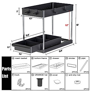 MOUDAO 2 Pack Under Sink Organizers and Storage Bathroom Organizer, 2 Tier Black Under Sink Organizer Cabinet Kitchen Organization Pantry Closet with Pull-Out Drawers, Anti-slip Mats, Hanging Hooks