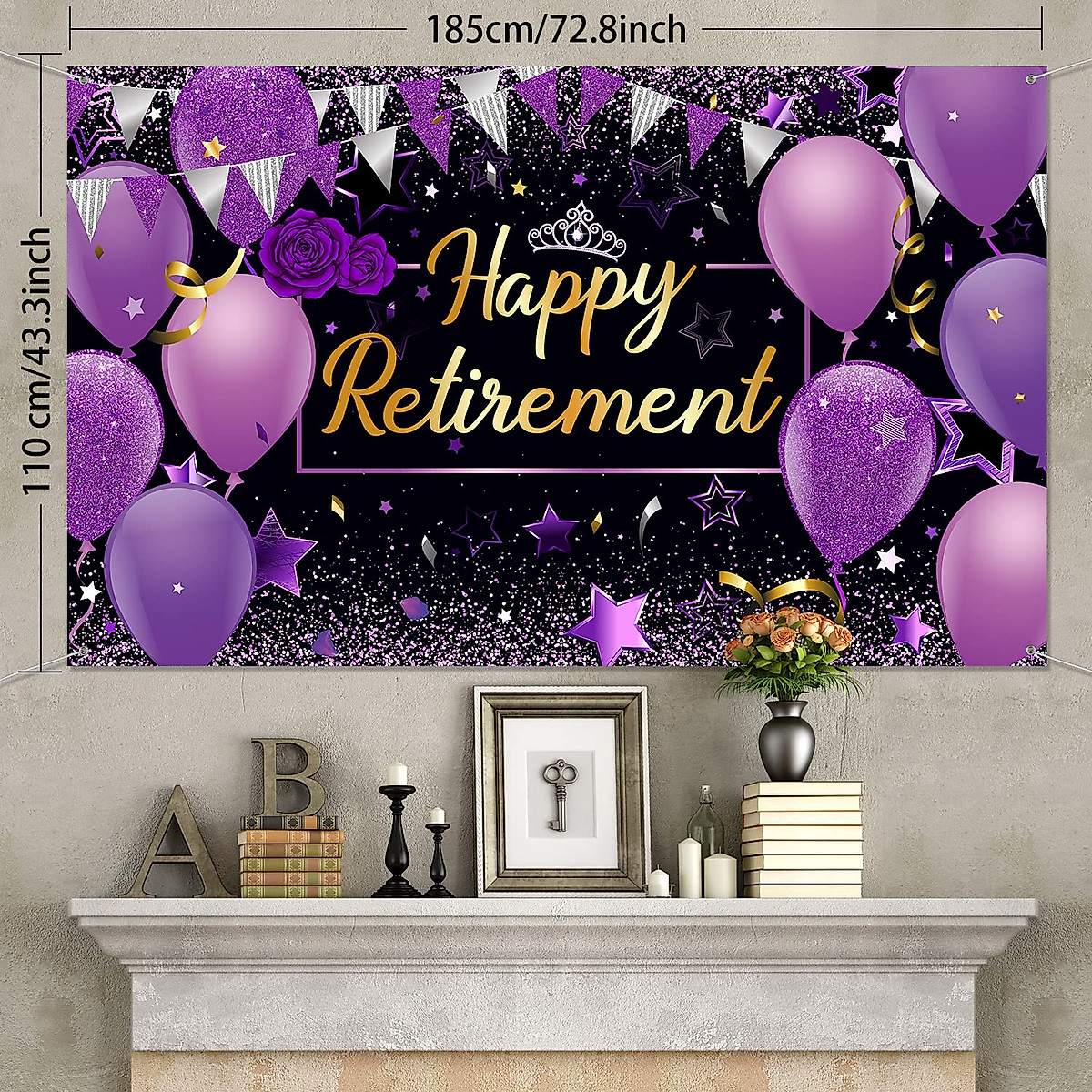 Blulu Retirement Party Decorations, Extra Large Fabric Retirement Sign Banner Photo Booth Backdrop Background with Rope for Retirement Party Favor(72.8 x 43.3 Inches,Purple and Black)