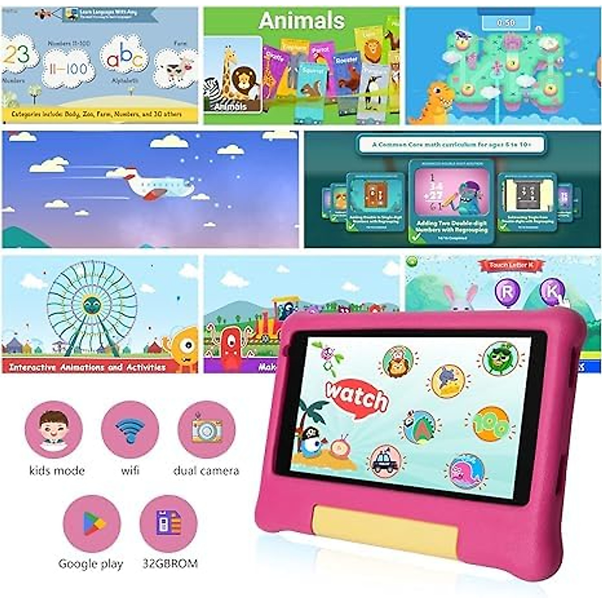 Cheerjoy Kids Tablet 7 inch,Android 12 Tablet for Kids,32GB ROM 128GB Expanded,Parental Control,Kids Software Pre-Installed, Dual Cameras,Android Learning Tablet with Proof Case for Toddlers (Pink)