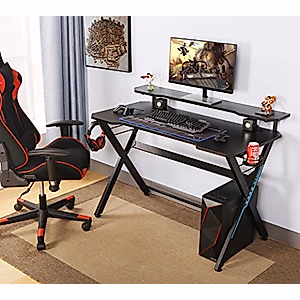 JJS 48" Home Office Gaming Computer Desk with Removable Monitor Stand, X Shaped Large Gamer Workstation PC Table with Cup Holder Headphone Hook Speaker Storage Free Mouse pad, Black