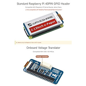 waveshare 2.13inch E-Ink Display HAT Compatible with Compatible with Raspberry Pi 5/4B/3B/Zero/Zero W/Zero 2W/Pico/Pico W/Pico WH, 212x104 Resolution Three-Color SPI Interface