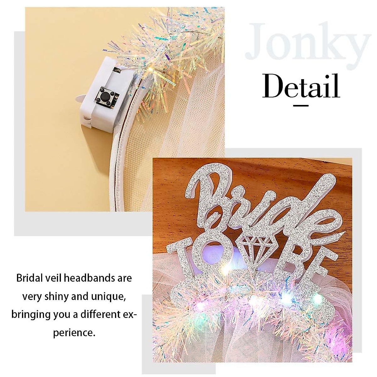 JONKY Light Up Bride to Be Veil Headband Led White Headbands Bridal Short Veils Headpiece Tulle Bachelorette Party Hair Accessories for Women and Girls