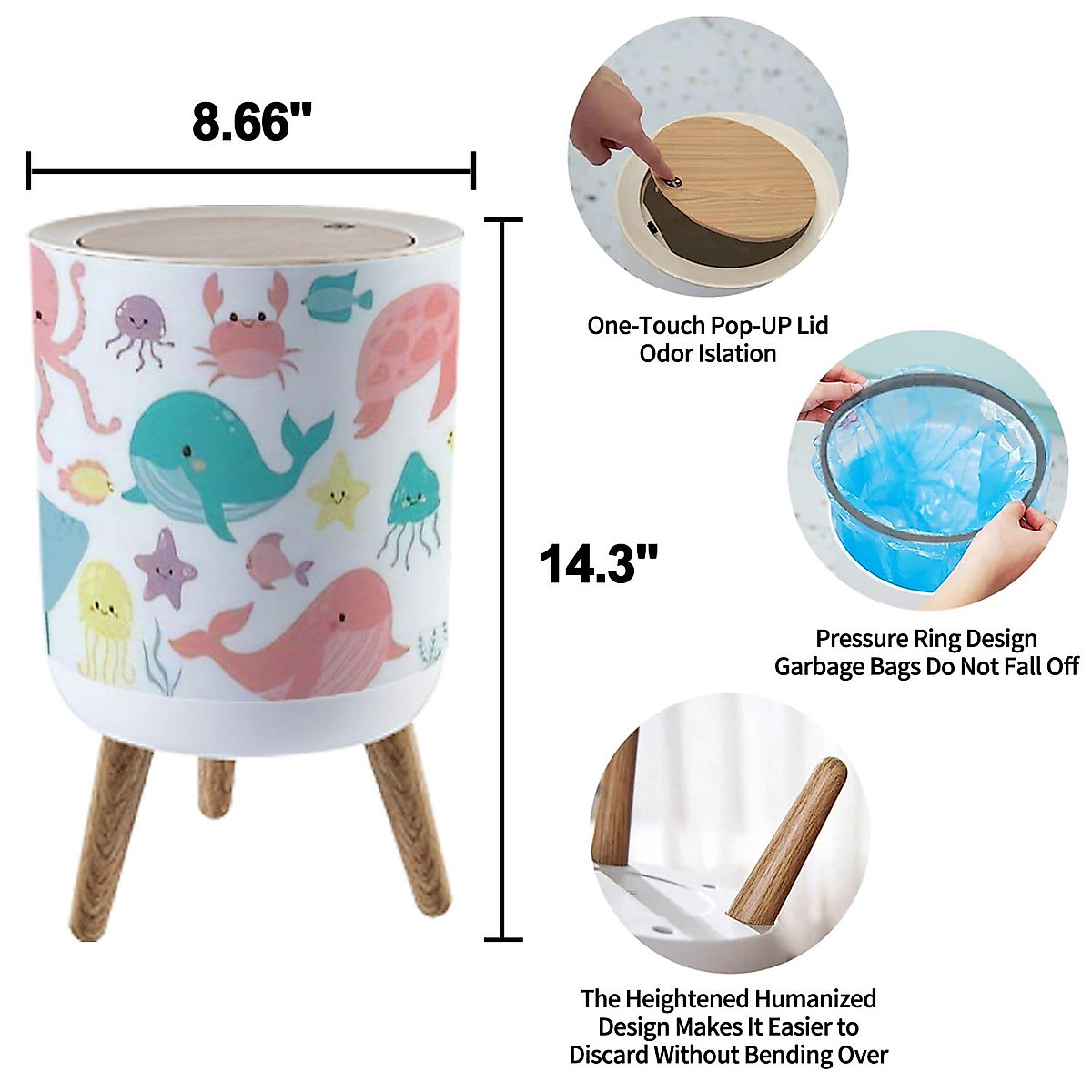 LGCZNWDFHTZ Small Trash Can with Lid for Bathroom Kitchen Office Diaper Cute Set sea Animals Collection Fish Crab Jellyfish Stingray Bedroom Garbage Trash Bin Dog Proof Waste Basket Cute Decorative