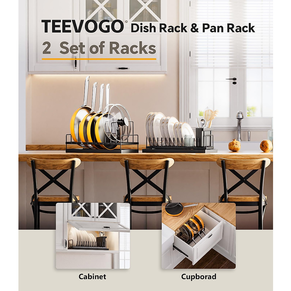 TEEVOGO 5-in-1 Set, Dish Drying Rack for Kitchen Counter, Pots and Pans Organizer, Pot lid Organizer, Dish Drying Mat with 8 Adjustable Dividers, a Cutlery Holder, for Dishes, Pans, Pot Lids, Cups
