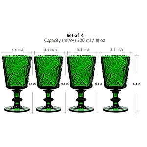 Jomop Handmade Pressed Colored Stemmed Wine Glasses Set Green Set of 4 Retro (4, Wine Goblet)