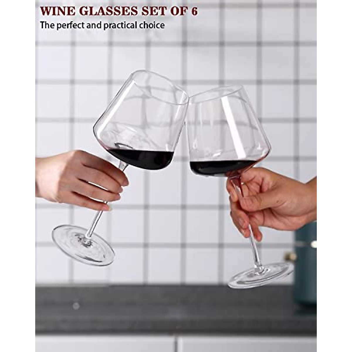 Wine Glasses Set of 6 – Hand Blown Crystal Wine Glasses – Tall Long Stem Red/White Wine Glasses – Unique square wine glasses with flat bottom For Cabernet, Pinot Noir, Burgundy –16oz Clear