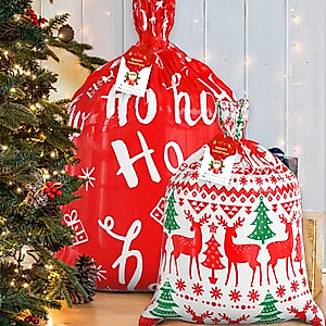 Large Christmas Gift Bag for Christmas Presents- 6Pcs Jumbo Plastic Christmas Red and White Gift Bags with Gift Tags and Ribbon for Christmas Big Gift Wrapping Holiday Goody Bag Party Favor Supplies