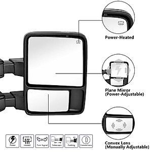 Towing Mirrors Left & Right Pair Set For 99-07 F-250 F-350 F-450 F-550 SUPER DUTY, 01-05 Excursion, POWER HEATED, W/AMBER SIGNAL Light, BLACK Mirror LH RH Driver Passenger Door Replacement