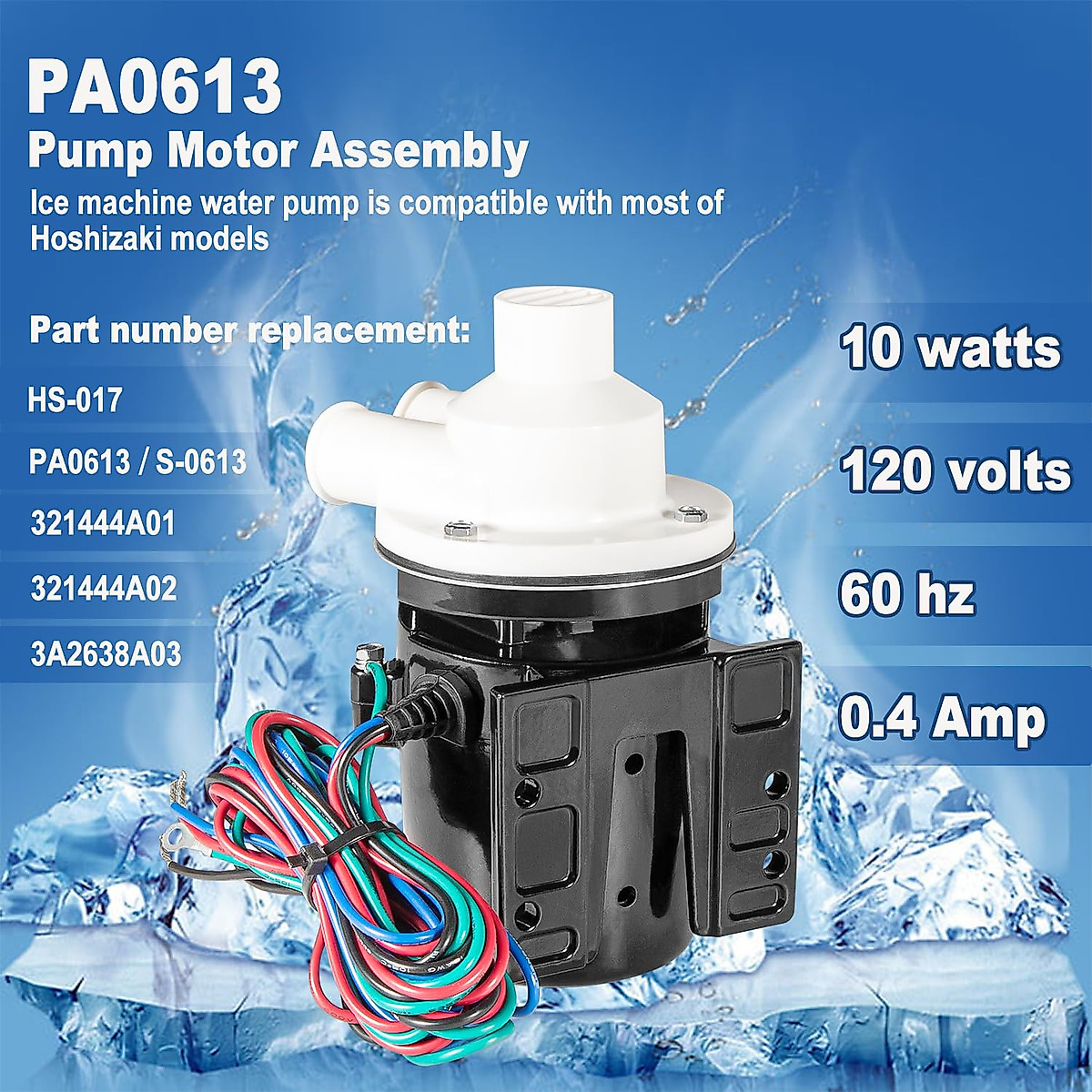 Pump Motor Assembly Replacement for Hoshizaki PA0613 Ice Machine Water Pump, Includes Run Capacitor and Wire Leads 120V 60Hz 10W 0.4 Amp