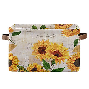 Rectangular Storage Bin Watercolor Vintage Sunflowers Basket with Handles - Nursery Storage, Laundry Hamper, Book Bag, Gift Baskets