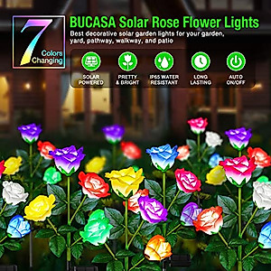 BUCASA Solar Garden Lights Outdoor 4 Pack, Upgraded Waterproof Solar Powered Outdoor Lights with 16 Rose Flowers, Bright Color Changing Solar Flower Lights for Pathway Walkway Patio Yard Lawn