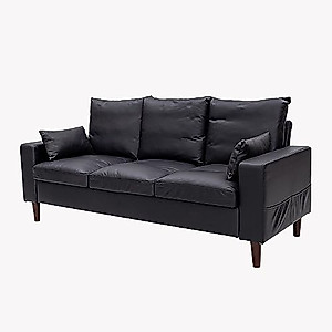 Panana Couch 3 Seater Loveseat Sofa with Storage Pockets for Living Room, Upholstered Faux Leather Sofa with 2 Pillows, Cushion Back Sofa for Bedroom, Home Office, Apartment