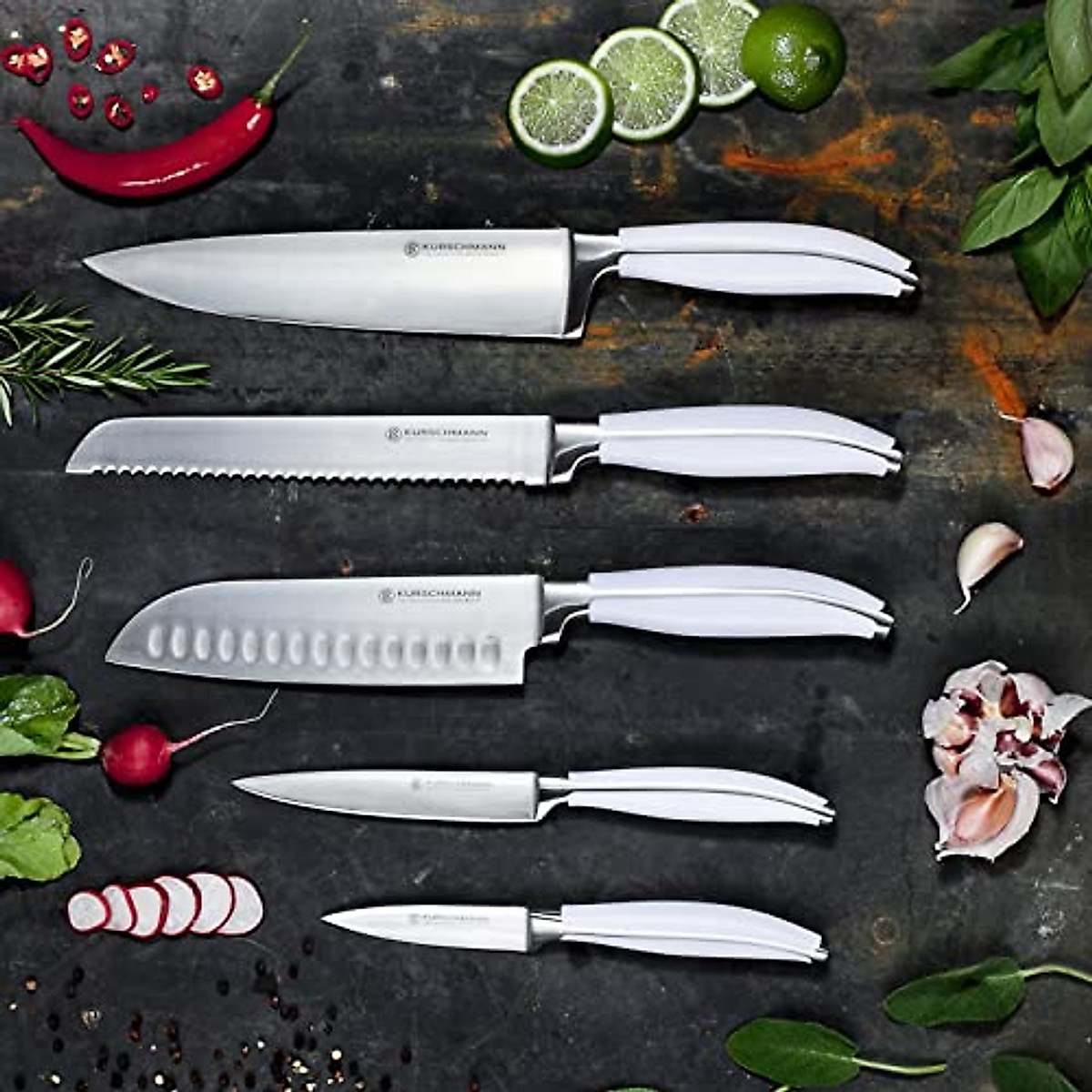 Kurschmann 6-Piece Chef Knife Set with Block-White Knife Set & Small Knife Block with Gyoto, Santoku, Bread, Paring & Utility Knife-High-Carbon Steel & Sustainable Acacia Kitchen Knife Set