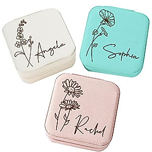 Corissy Personalized Jewelry Box for Women, Custom Travel Jewelry Case with Name and Birth Flower, Leather Jewelry Box for Rings, Earrings, Necklaces, Personalized Gifts for Women