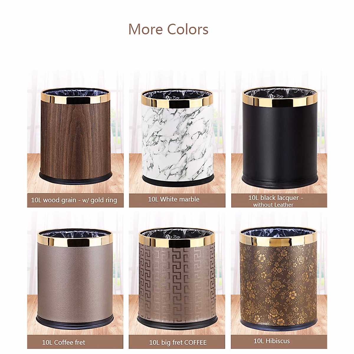 GohomeLoby Metal Trash Can, Double Cans Top Open Without Lid Waste Bin Hotel Office Wastebasket (Walnut Leather Silver Ring)