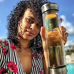 UEndure Tea Tumbler with Infuser - BPA Free Double Wall Glass Travel Tea Mug with Stainless Steel Filter - Watertight Tea Bottle with Strainer for Loose Leaf Tea and Fruit Infused Water 14oz