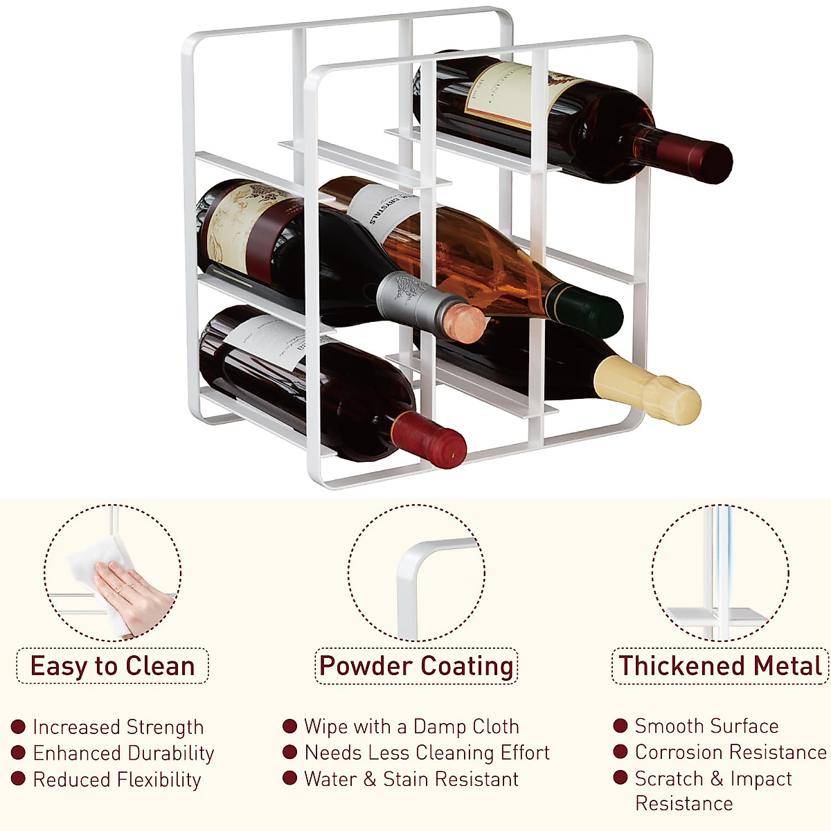 Buruis 9 Bottles Metal Wine Rack, Free-Standing Cabinet Water Bottle and Wine Rack Storage Organizer for Kitchen Countertop, Pantry, Fridge, Space Saver Protector for Red and White Wines Bottle