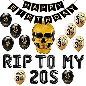 Geloar RIP To My 20s 30th Birthday Party Supplies, RIP TWENTIES Balloons Happy Birthday Banner for Death to My 20s Twenties RIP Youth Men Women Dirty 30 Funny 30th Bday Decorations Set of 24 PCS