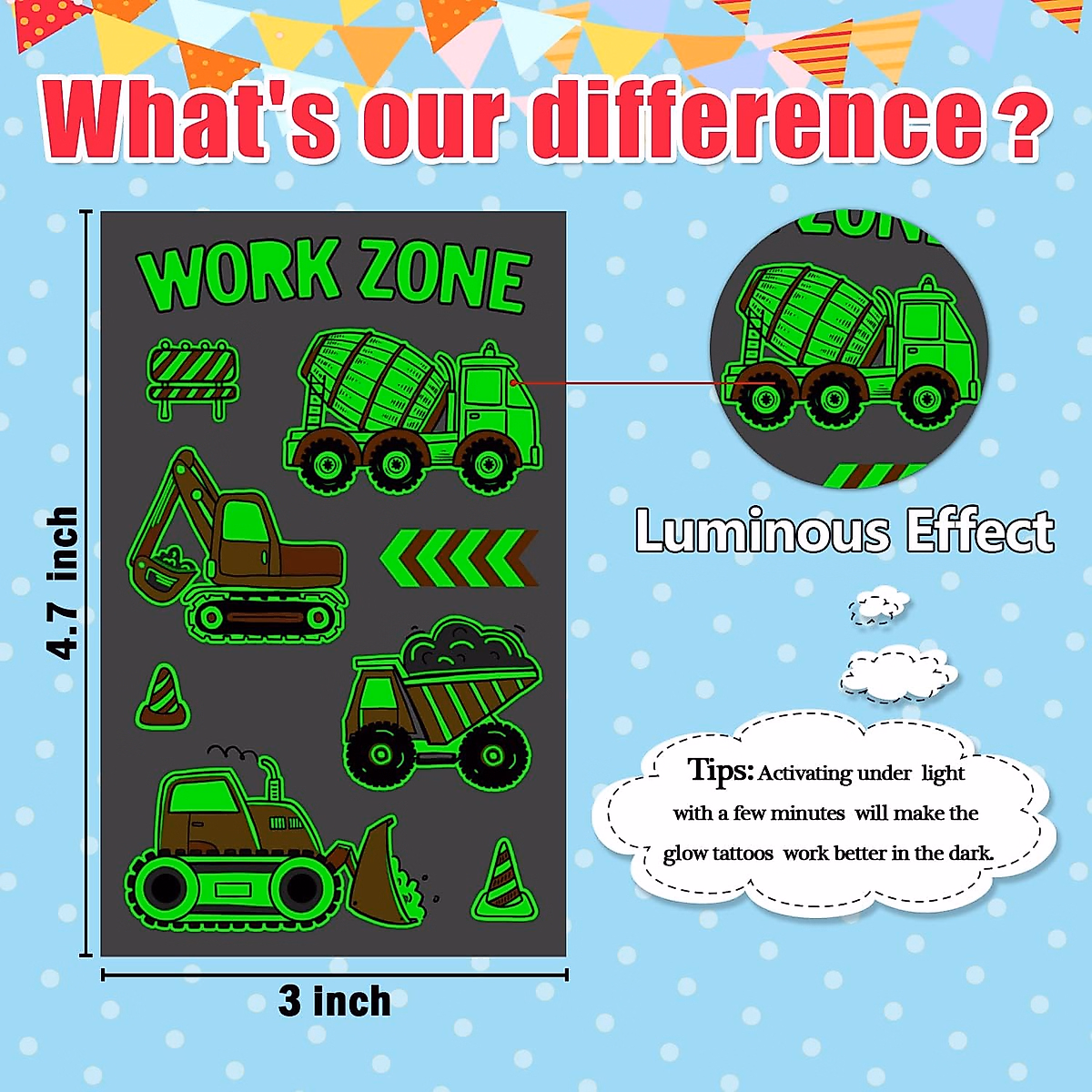 Leesgel 30 Sheets Mixed Styles Luminous Tattoos for Boys Kids, Kids Birthday Party Supplies Favors Decorations Gaming Toys, Water Proof Dinosaur/Car/Space/Robot Temporary Tattoo Stickers