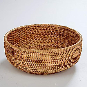 AMOLOLO Hadewoven Round Rattan Fruit Basket Wicker Food Tray Weaving Storage Holder Dinning Room Bowl, 10 Inch Woven Bread Basket Key Bowls with 4”Wall for Table, Countertop (Large 9.8")
