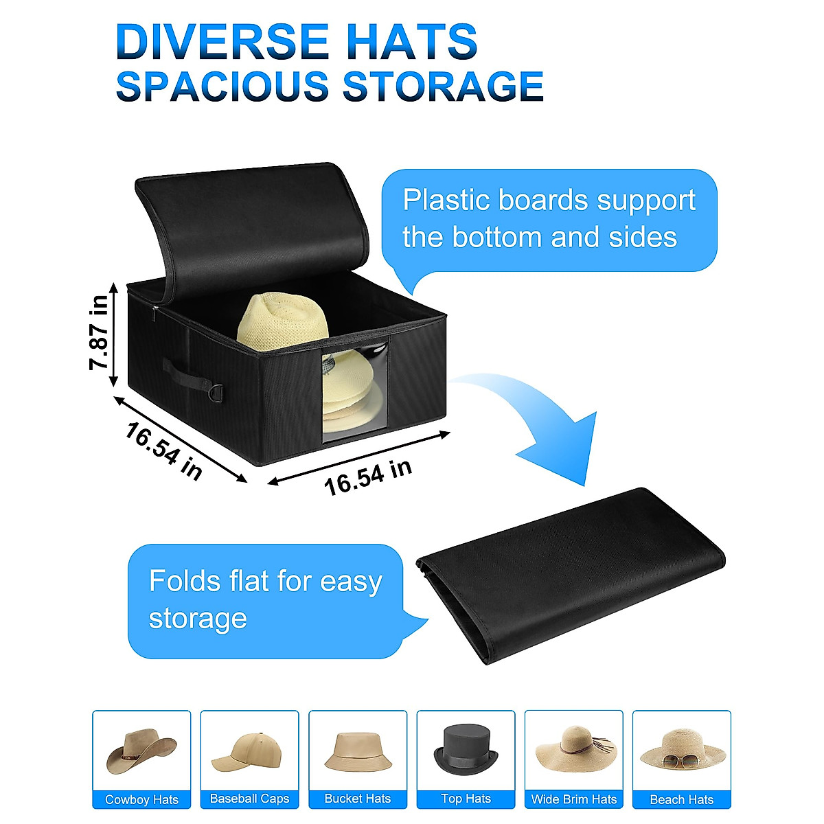 Teraves Large Hat Box for Women Storage, Sturdy Cowboy Hat Box Hat Travel Case, Stackable Hat Storage Box, Space Saver Hat Organizer for Closet, Black