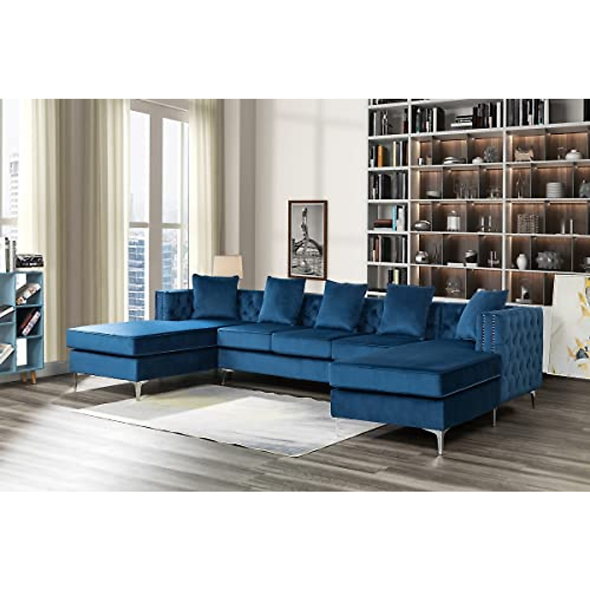 Modern U-Shape Sectional Sofa,Large Modular Sofa Velvet Couch Set with 5 Pillows and Metal Feet,Extra Wide Chaise Lounge Couch with Button Tufted and Nailhead Trim for Apartment Living Room,Blue